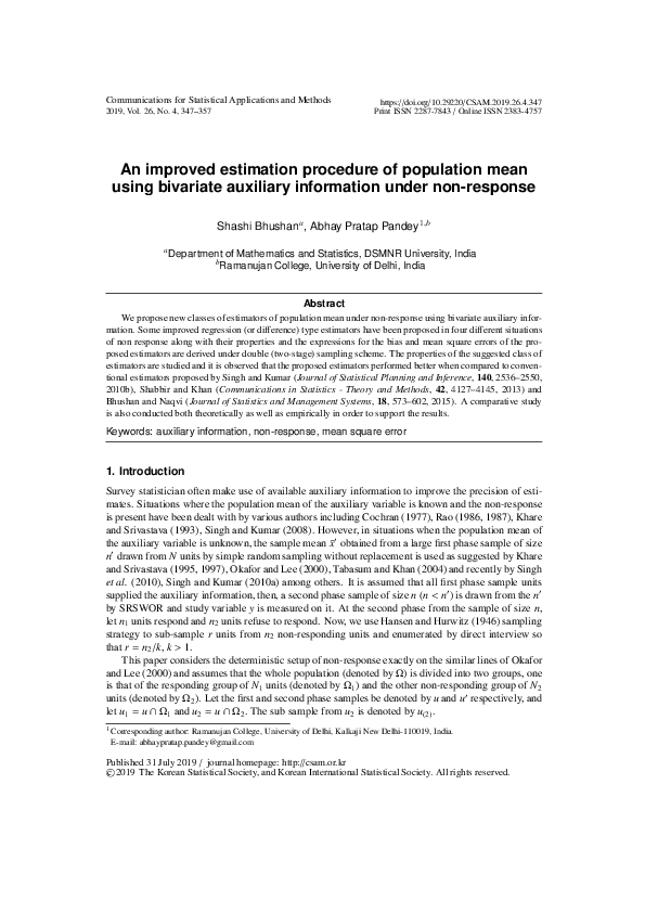 (PDF) An improved estimation procedure of population mean using bivariate auxiliary information ...