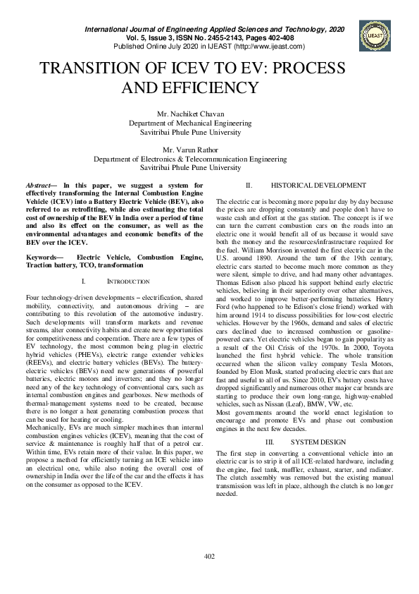 (PDF) Transition of Icev to Ev: Process and Efficiency