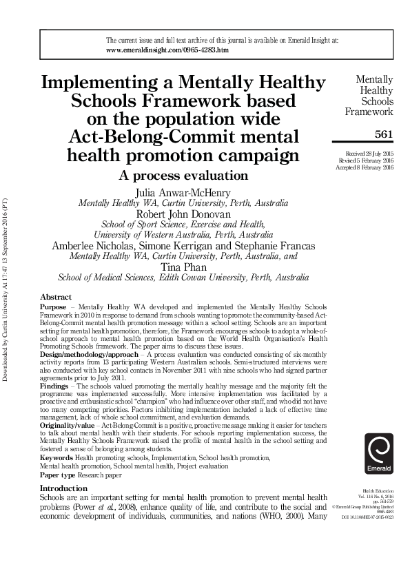 (PDF) Implementing a Mentally Healthy Schools Framework based on the ...