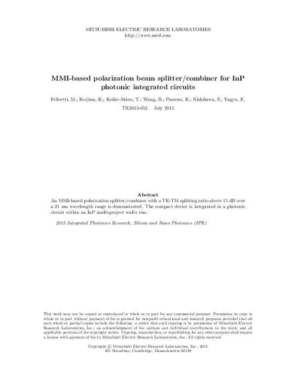 (PDF) MMI-based polarization beam splitter/combiner for InP photonic integrated circuits