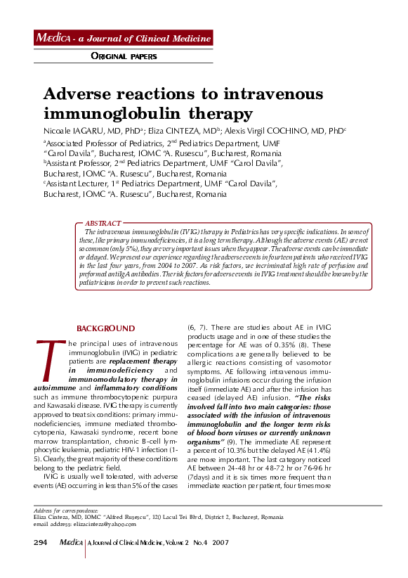 (PDF) Adverse reactions of intravenous Immunoglobulin