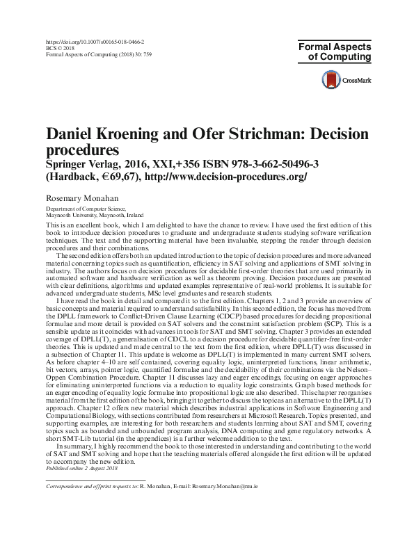 (PDF) Daniel Kroening and Ofer Strichman: Decision procedures