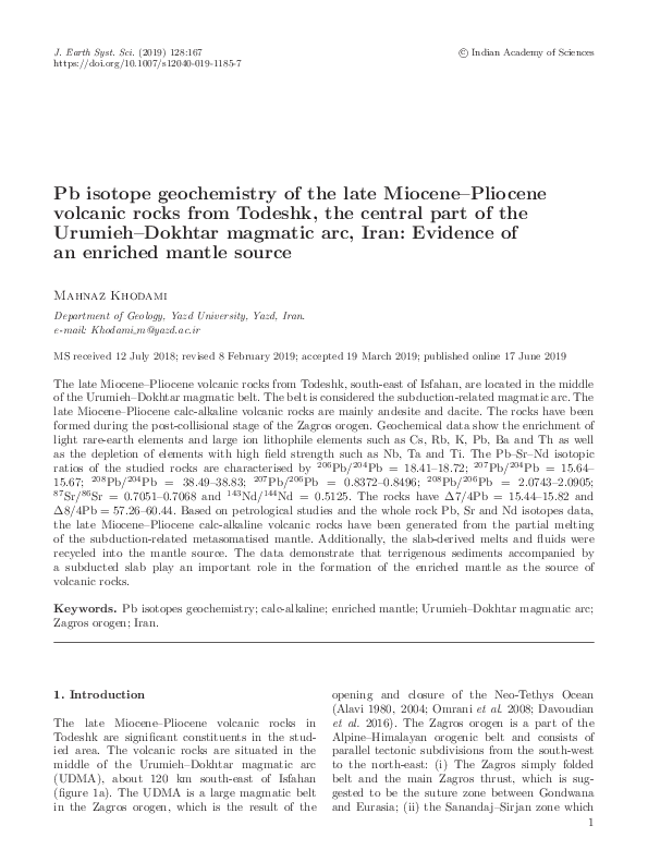 (PDF) Pb isotope geochemistry of the late Miocene–Pliocene volcanic rocks from Todeshk, the ...