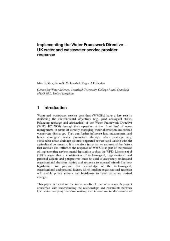 (PDF) Implementing the Water Framework Directive–UK water and ...