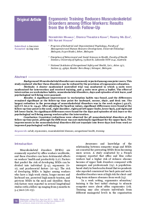 (PDF) Ergonomic Training Reduces Musculoskeletal Disorders among Office ...