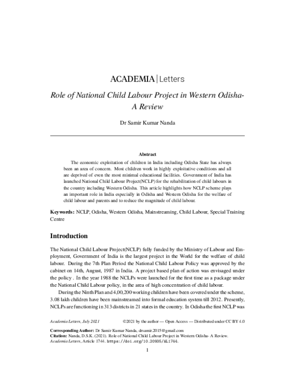 (PDF) Role of National Child Labour Project in Western Odisha- A Review