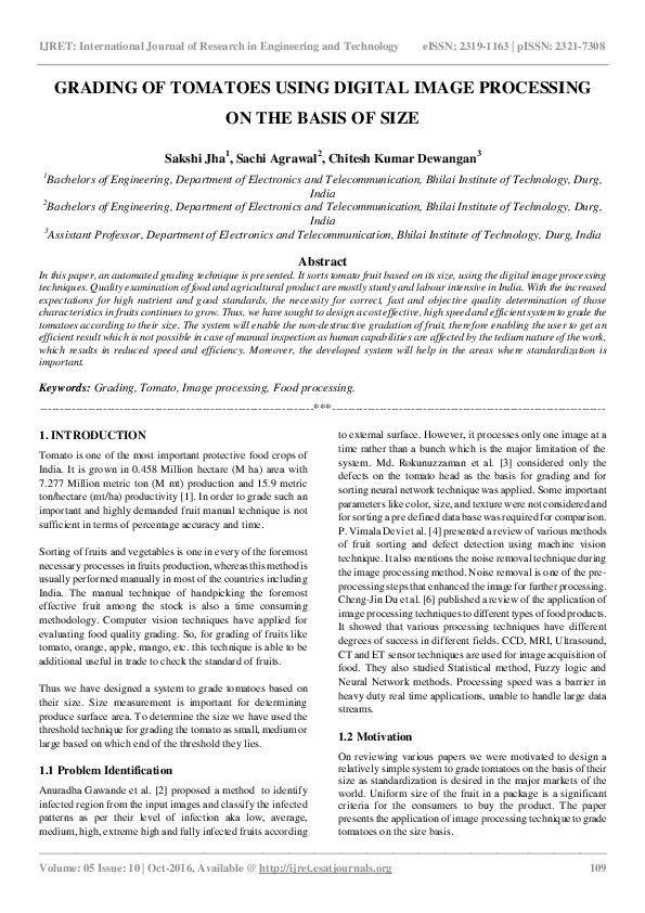 Pdf Grading Of Tomatoes Using Digital Image Processing On The Basis Of Size