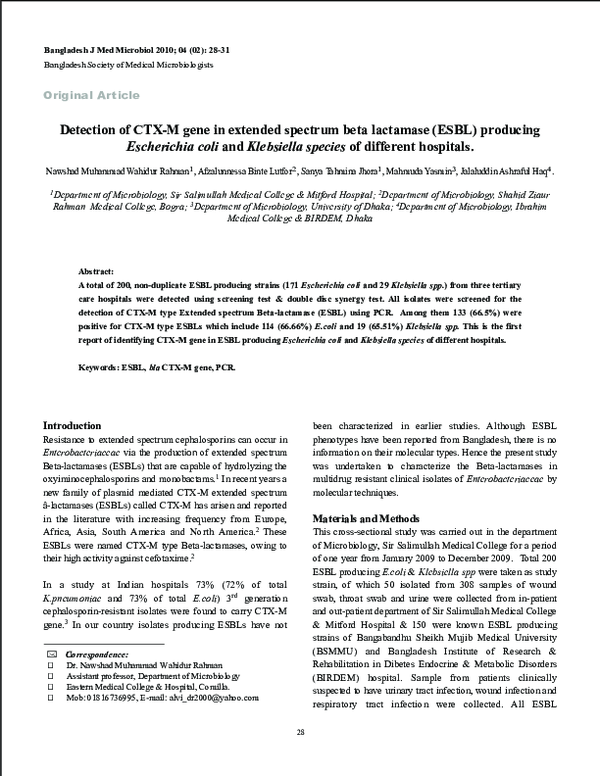 (PDF) Detection of CTX-M gene in extended spectrum beta lactamase (ESBL) producing Escherichia ...