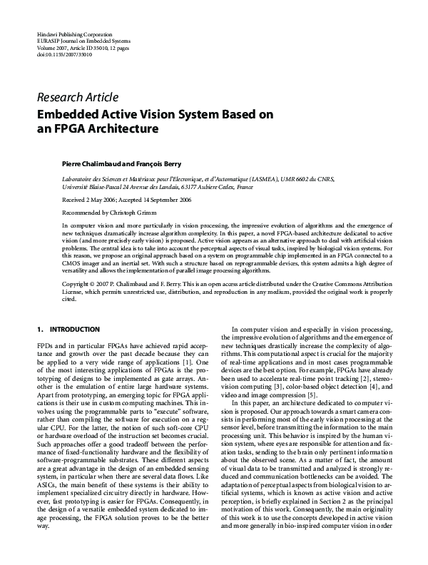 Pdf Embedded Active Vision System Based On An Fpga Architecture