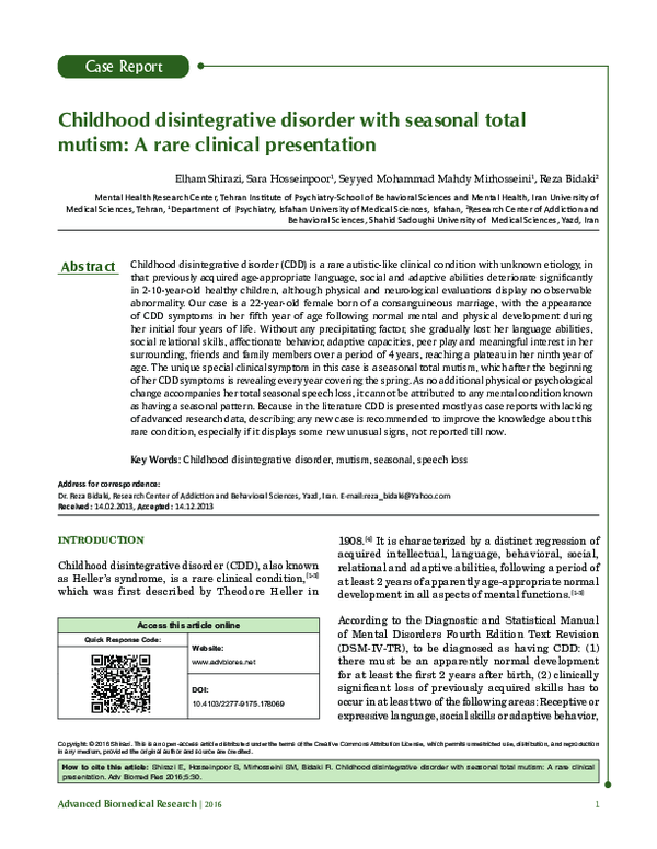 (PDF) Childhood disintegrative disorder with seasonal total mutism: A ...