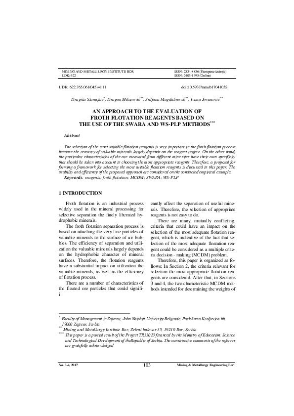(PDF) An approach to the evaluation of froth flotation reagents based ...