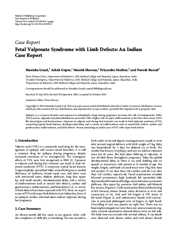 (PDF) Fetal Valproate Syndrome with Limb Defects: An Indian Case Report