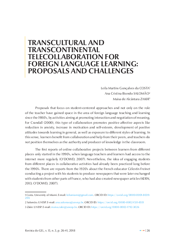 (PDF) Transcultural and Transcontinental Telecollaboration for Foreign ...