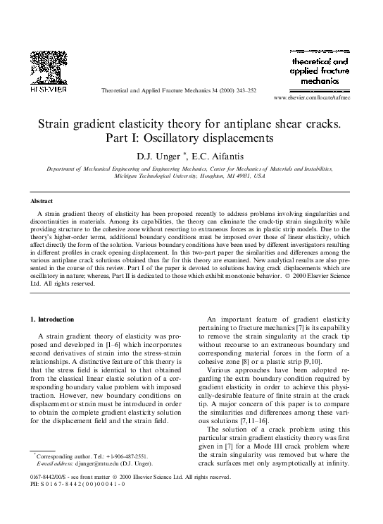 (PDF) Strain gradient elasticity theory for antiplane shear cracks. Part I: Oscillatory ...