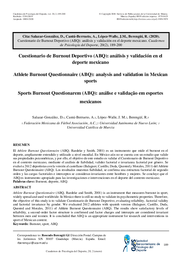 (PDF) Cuestionario del Burnout Deportivo (ABQ): Análisis y validación en el deporte mexicano