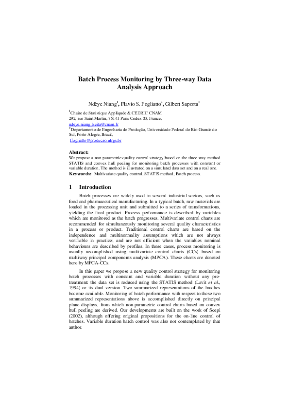 Pdf Batch Process Monitoring By Three Way Data Analysis Approach
