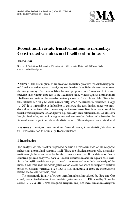 Pdf Robust Multivariate Transformations To Normality Constructed Variables And Likelihood