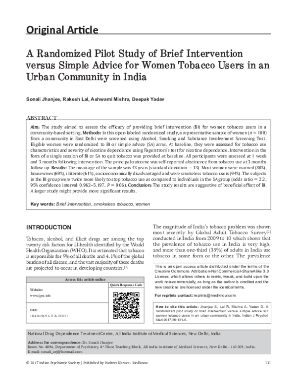 (PDF) A Randomized Pilot Study of Brief Intervention versus Simple ...