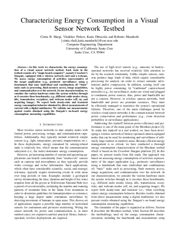 Pdf Characterizing Energy Consumption In A Visual Sensor Network Testbed