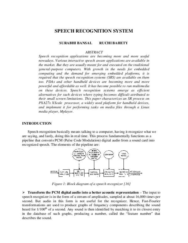 (PDF) Speech Recognition System