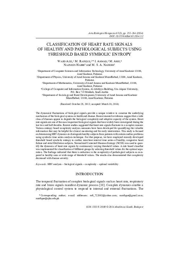 (PDF) Classification of heart rate signals of healthy and pathological subjects using threshold ...