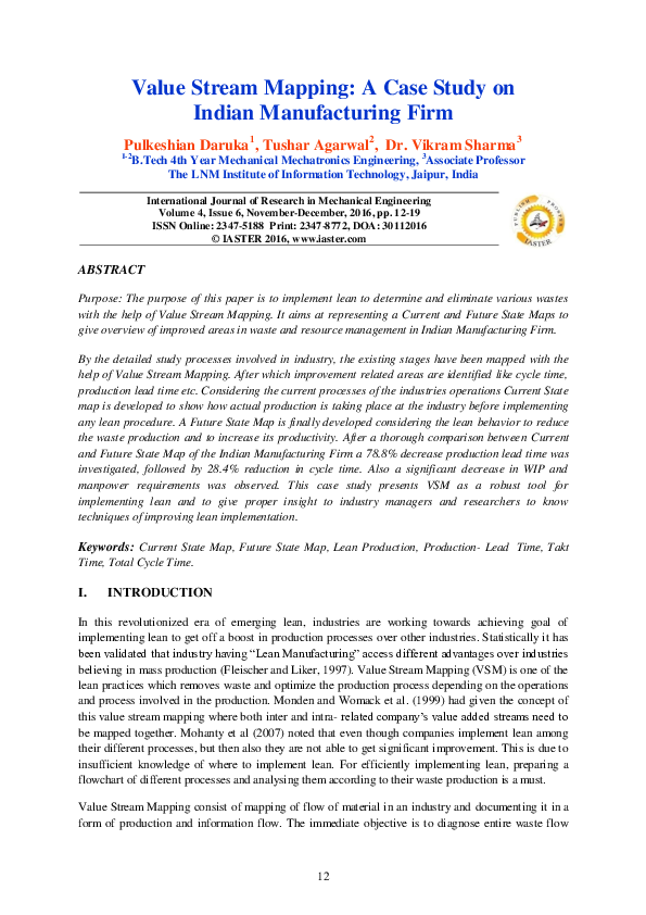 (PDF) Value Stream Mapping: A Case Study on Indian Manufacturing Firm