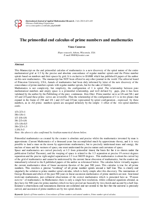 (PDF) End Primordial Calculus: Prime Spiral Relationships in Math