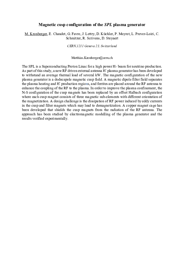 (PDF) Magnetic Cusp Configuration of the SPL Plasma Generator