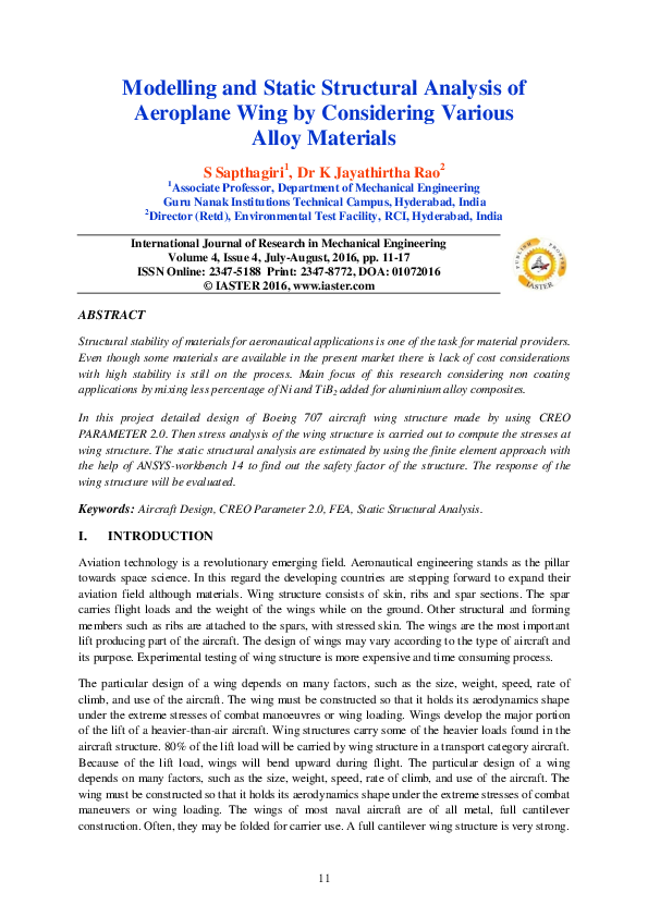 (PDF) Modelling and Static Structural Analysis of Aeroplane Wing by ...
