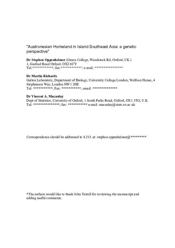 (PDF) AUSTRONESIAN HOMELAND IN ISLAND SOUTHEAST ASIA: A GENETIC PERSPECTIVE