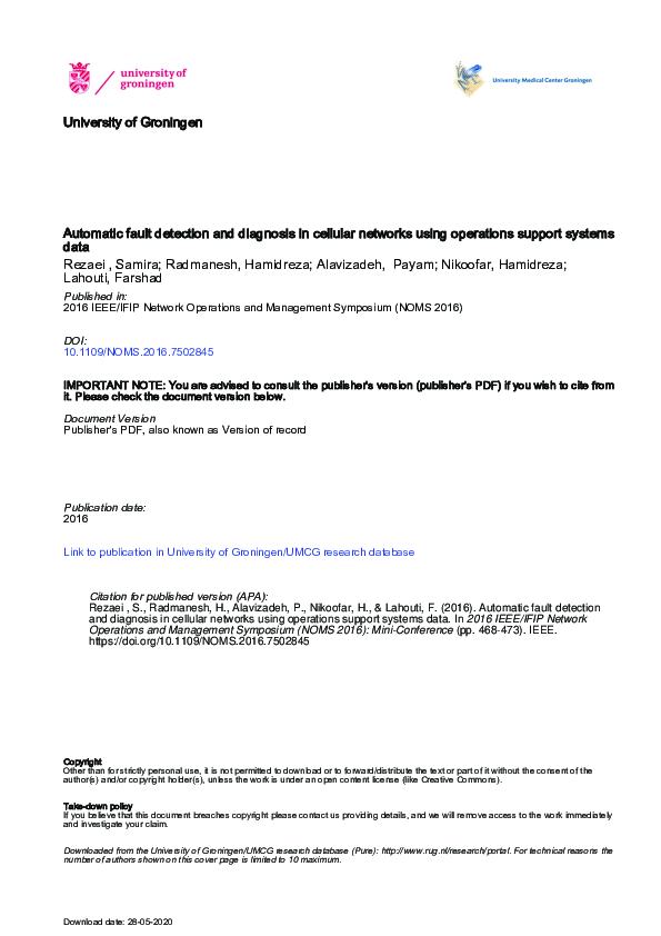 Pdf Automatic Fault Detection And Diagnosis In Cellular Networks Using Operations Support