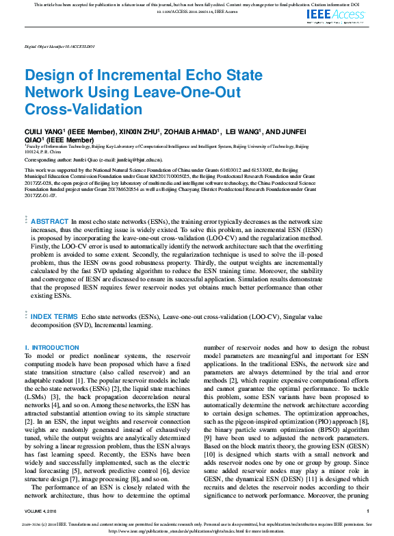 (PDF) Design of Incremental Echo State Network Using Leave-One-Out Cross-Validation
