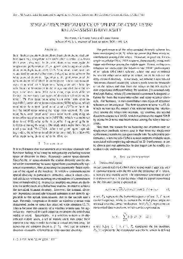 Pdf Single User Performance Of Uplink Ds Cdma Using Relay Assisted