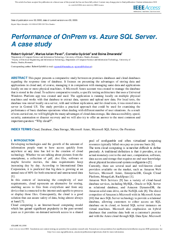 (PDF) Performance of OnPrem vs. Azure SQL Server. A case study
