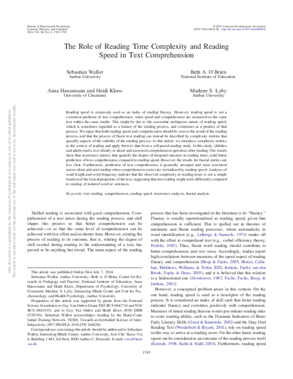 (PDF) The Role of Reading Time Complexity and Reading Speed in Text Comprehension