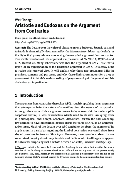 (PDF) Aristotle and Eudoxus on the Argument from Contraries