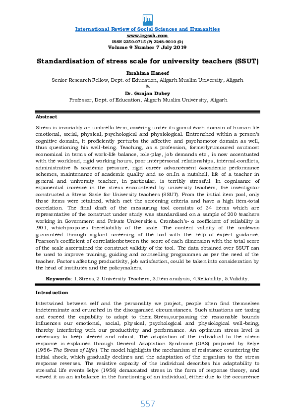 (PDF) Standardisation of stress scale for university teachers