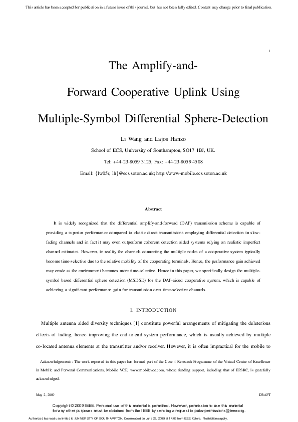 (PDF) The Amplify-and-Forward Cooperative Uplink Using Multiple-Symbol Differential Sphere-Detection