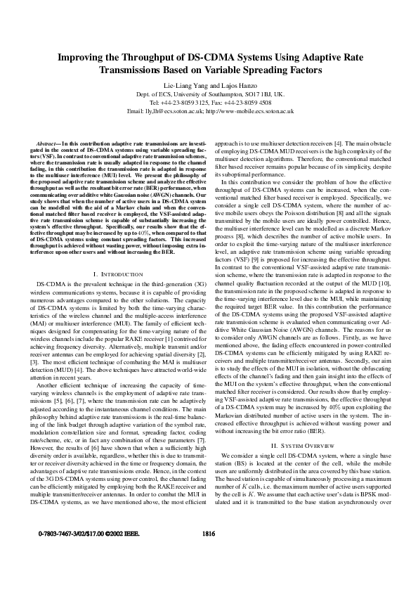 (PDF) Improving the throughput of DS-CDMA systems using adaptive rate ...