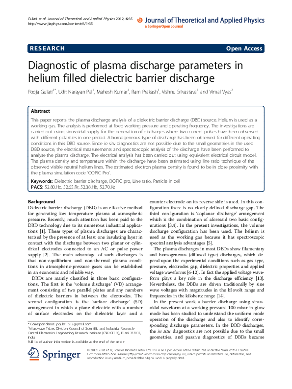 (PDF) Diagnostic of plasma discharge parameters in helium filled ...