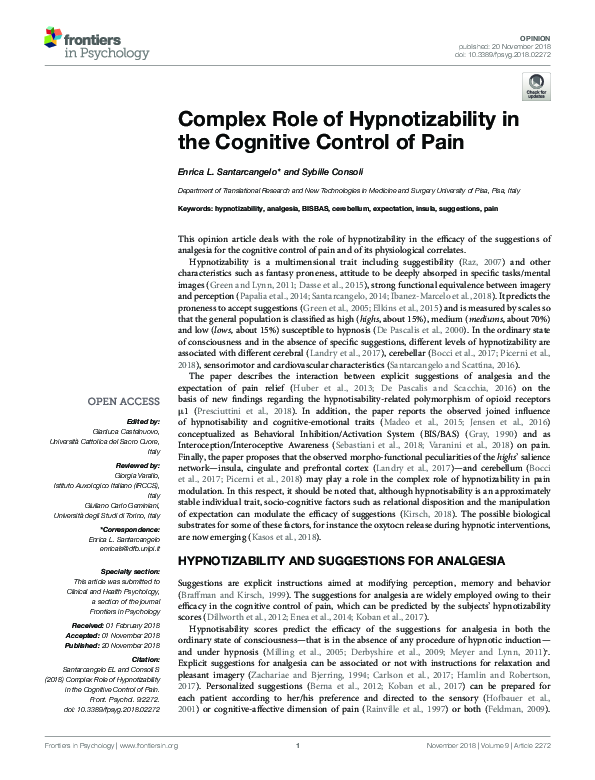 (PDF) Complex Role of Hypnotizability in the Cognitive Control of Pain
