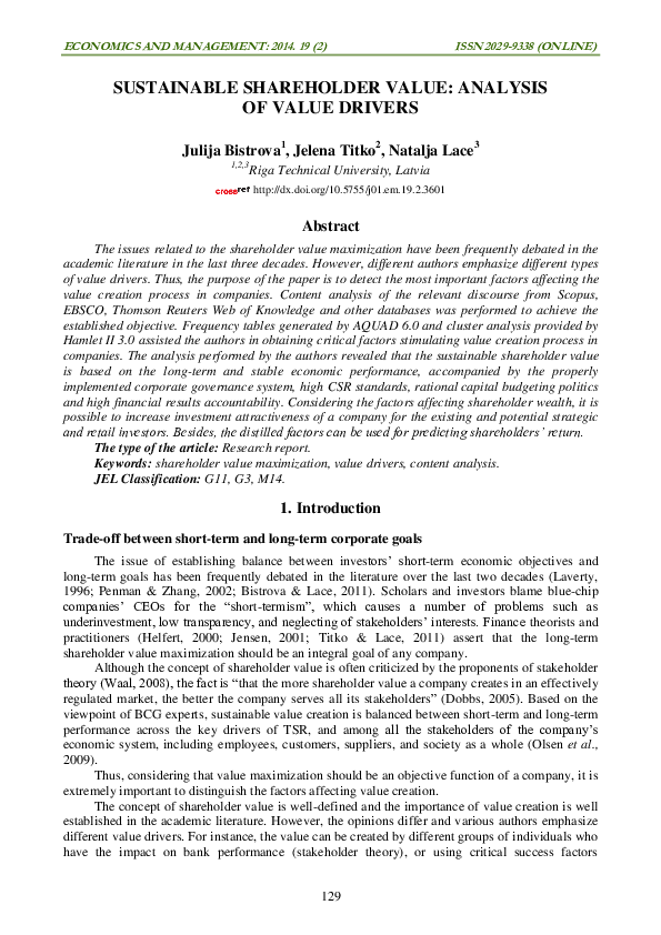 (PDF) Sustainable Shareholder Value: Analysis of Value Drivers
