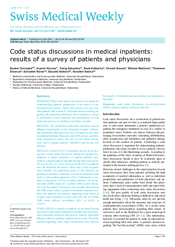 (PDF) Code status discussions in medical inpatients: results of a ...