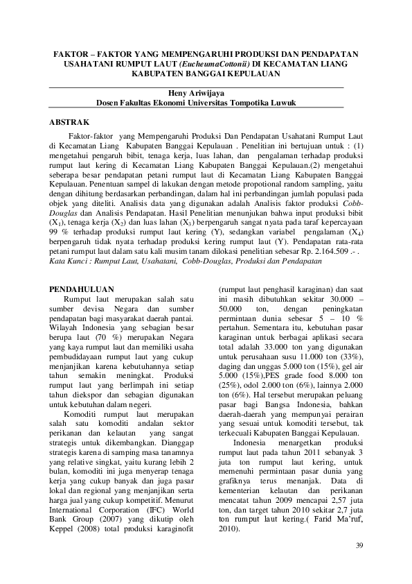 (PDF) FAKTOR – FAKTOR YANG MEMPENGARUHI PRODUKSI DAN PENDAPATAN USAHATANI RUMPUT LAUT ...