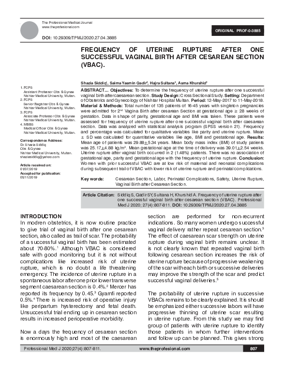 (PDF) Frequency of uterine rupture after one successful vaginal birth ...