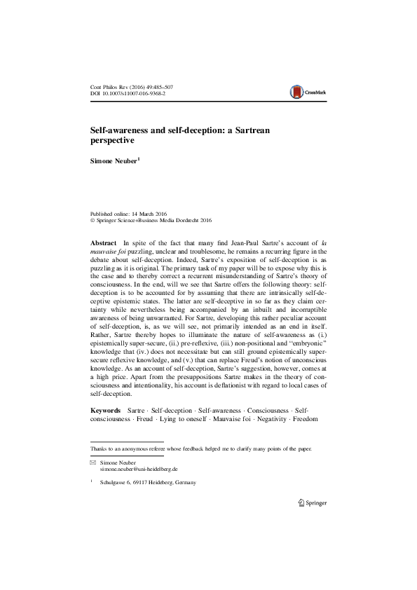 (PDF) Self-awareness and self-deception: a Sartrean perspective