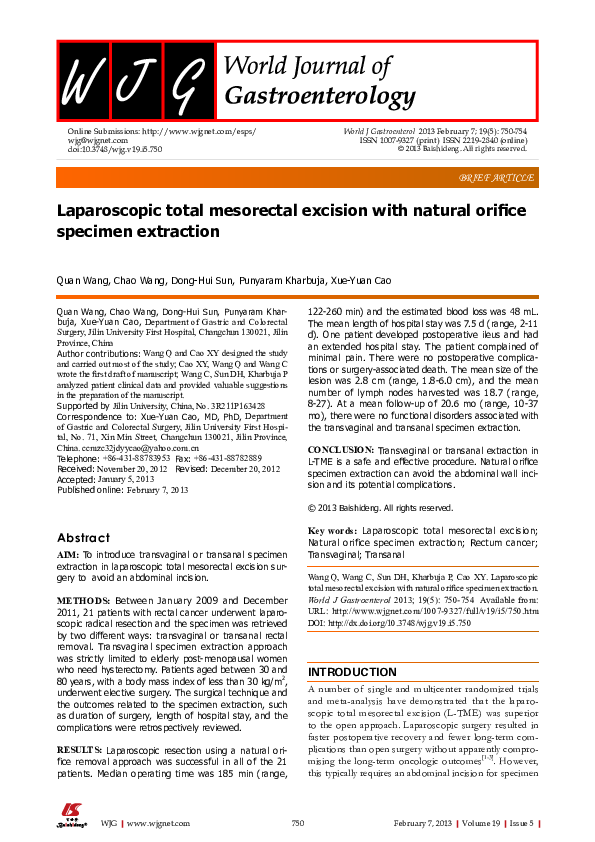 Pdf Laparoscopic Total Mesorectal Excision With Natural Orifice