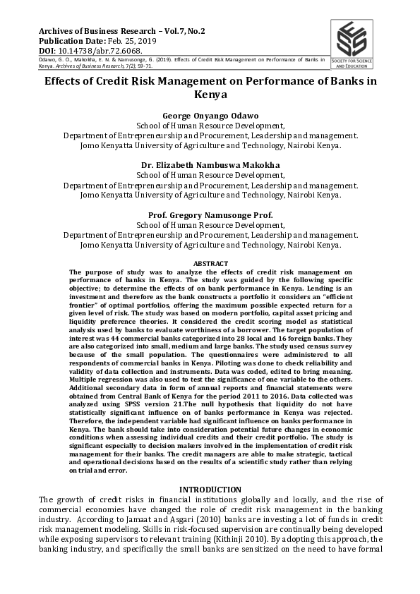 (PDF) Effects of Credit Risk Management on Performance of Banks in Kenya