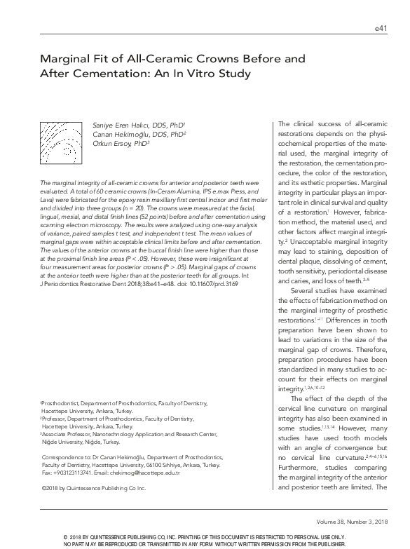 (PDF) Marginal Fit of All-Ceramic Crowns Before and After Cementation ...
