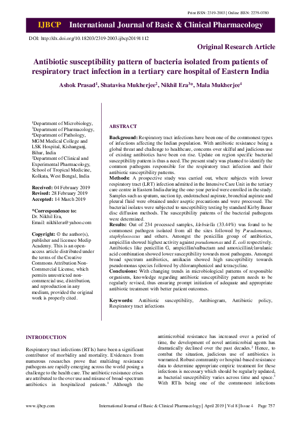 (PDF) Antibiotic susceptibility pattern of bacteria isolated from patients of respiratory tract ...